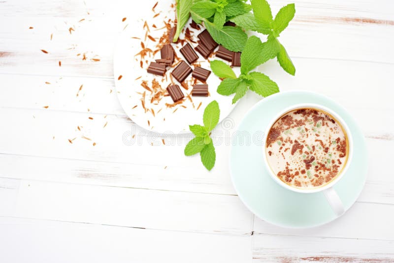 Top View of a Peppermint Mocha beside Fresh Peppermint Leaves on a ...