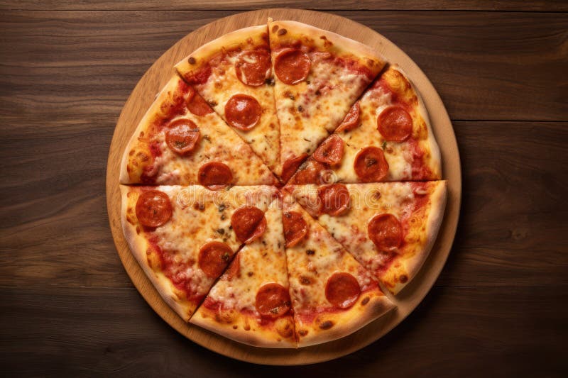 Top View Pepperoni Pizza on a Wooden Plate, Created by Generative AI ...