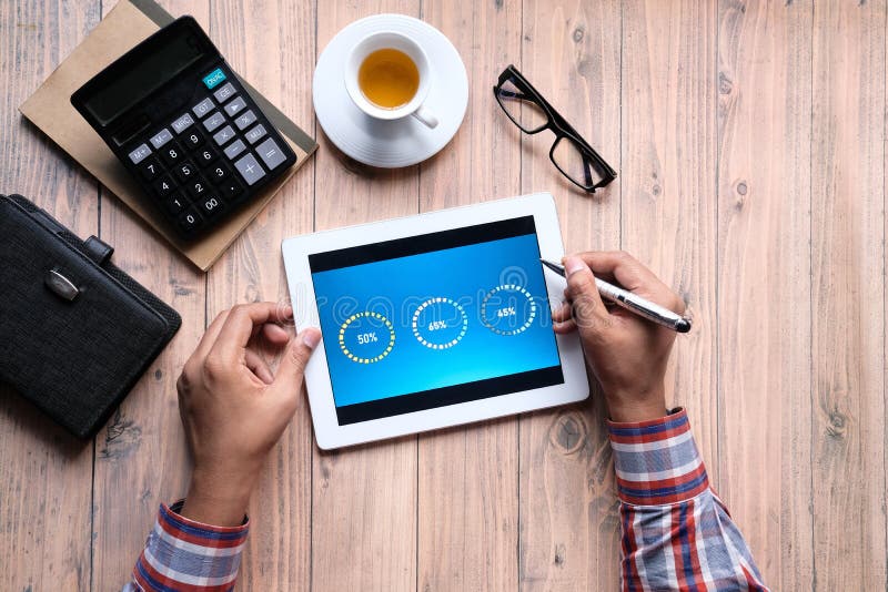Top View of Person Hand Analyzing Charts on Digital Tablet, Stock Photo ...