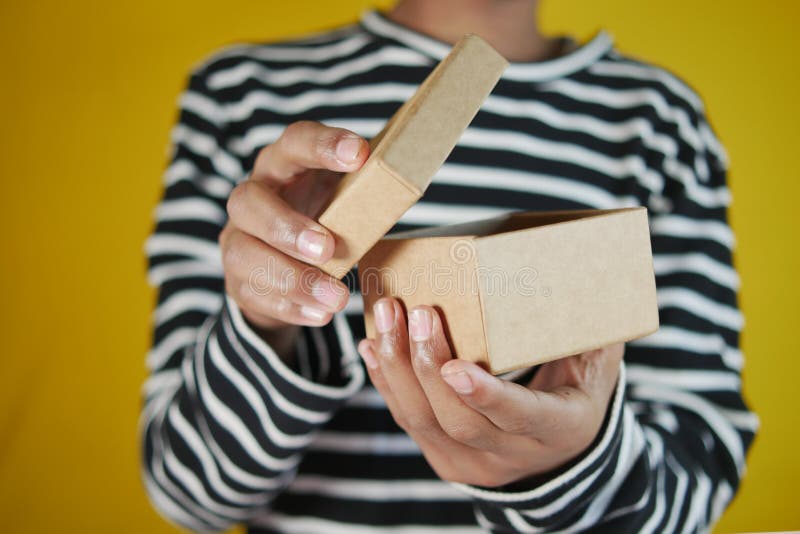 Top View of Person Open a Empty Small Gift Box Stock Image - Image of ...