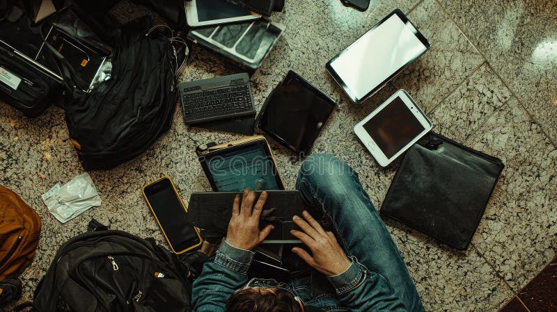 Top View of a Person Surrounded by Various Electronic Devices Stock ...