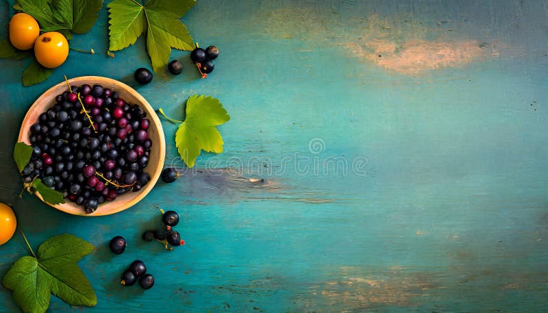 Top View of a Bowl of Black Currants on a Rustic Light Blue Surface ...