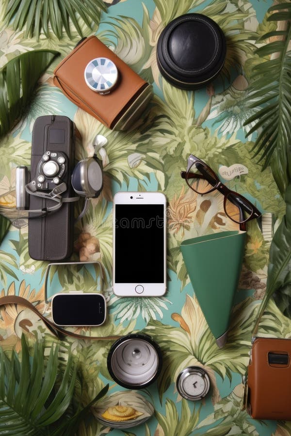 Top View of Phone Surrounded by Travel Essentials Stock Illustration ...