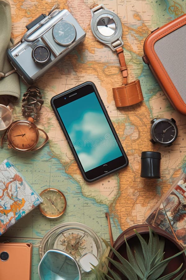 Top View of Phone Surrounded by Travel Essentials Stock Illustration ...