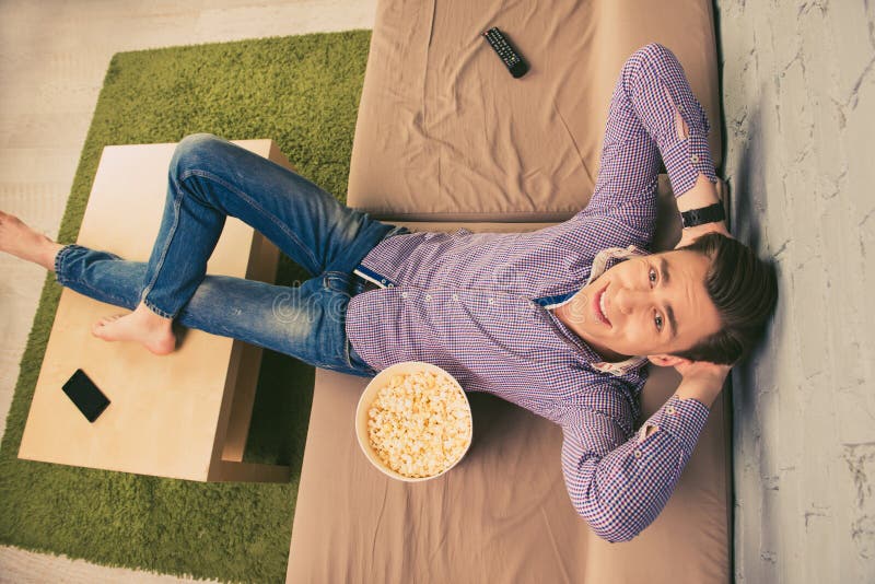 Top View Photo of Attractive Man Relaxing at Home with Popcorn Stock ...