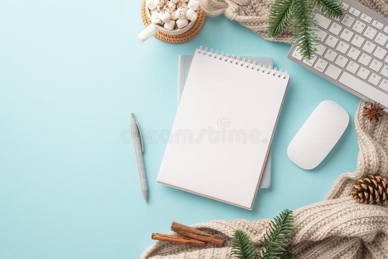 Top View Photo of Workplace Keyboard Computer Mouse Notepad Pen Cup of ...