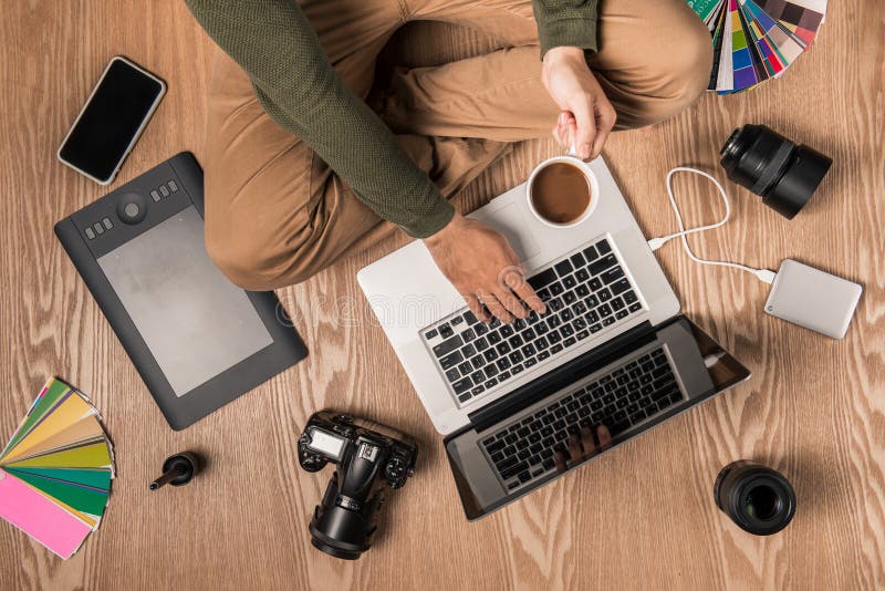 Top View of Photographer at Workplace with Copy Space Stock Photo ...