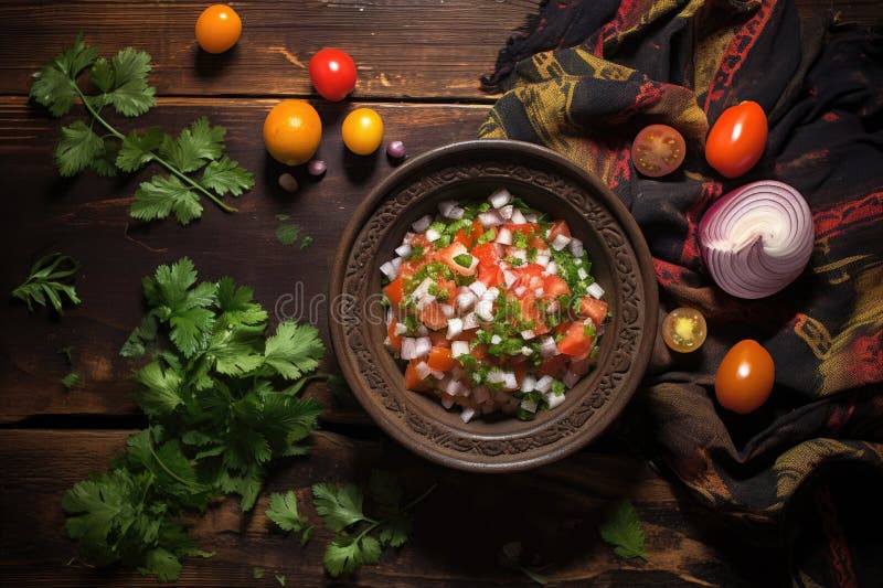 Top View of Pico De Gallo in Rustic Setting Stock Illustration ...