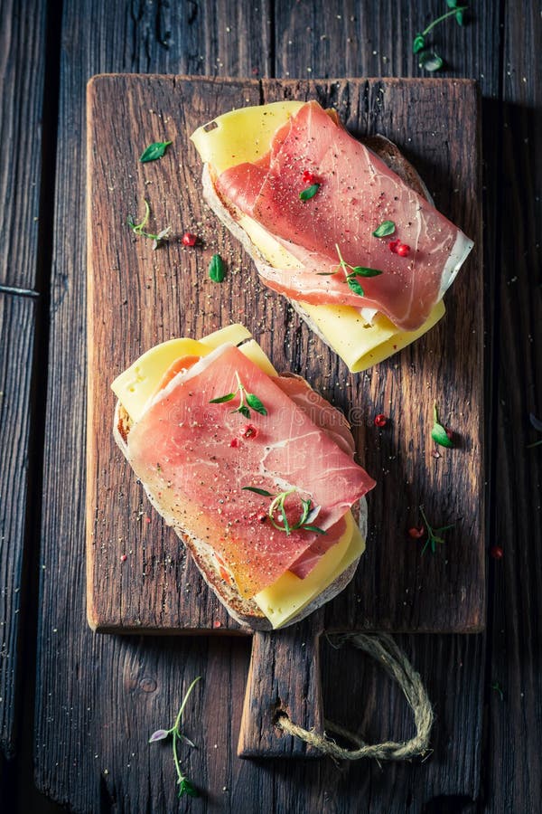 Top View of Piece of Bread with Ham and Cheese Stock Photo - Image of ...