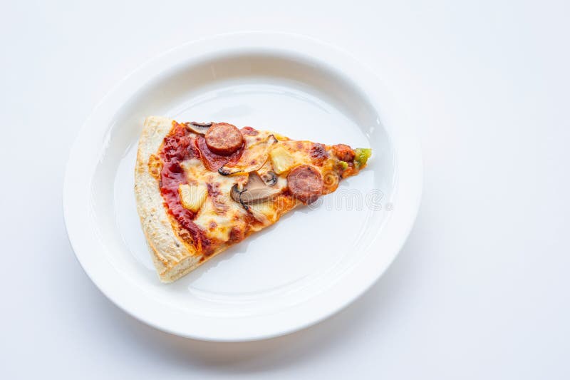 Top View a Piece of Pizza on White Dish.Simple Food and Eating Stock ...