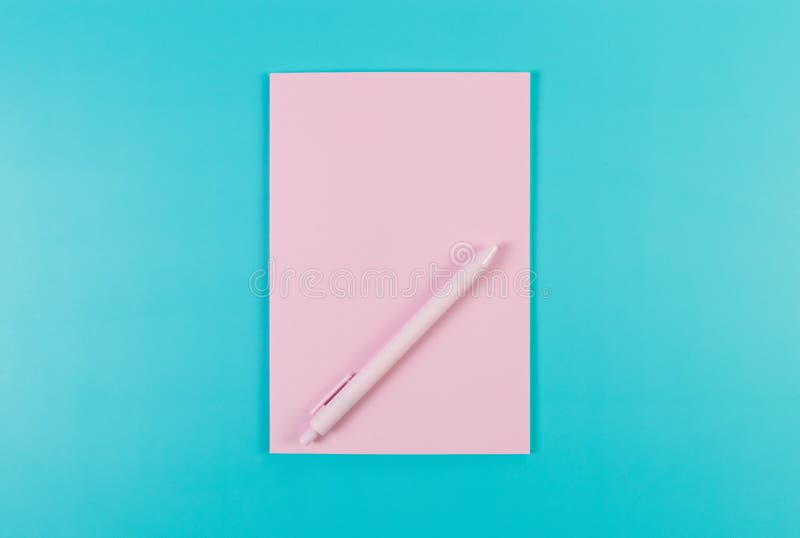 Top View of Pink Notebook, Pink Pen on Blue Background. School, Office ...