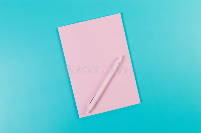 Top View of Pink Notebook, Pink Pen on Blue Background. School, Office ...