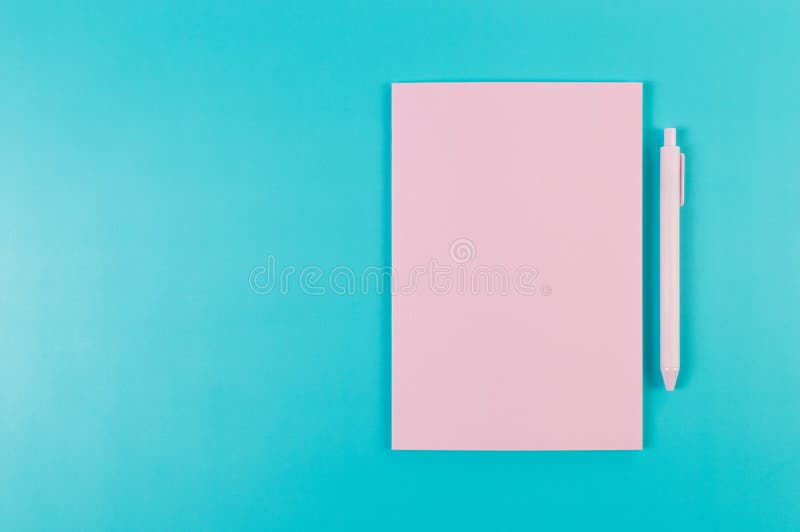Top View of Pink Notebook, Pink Pen on Blue Background. School, Office ...
