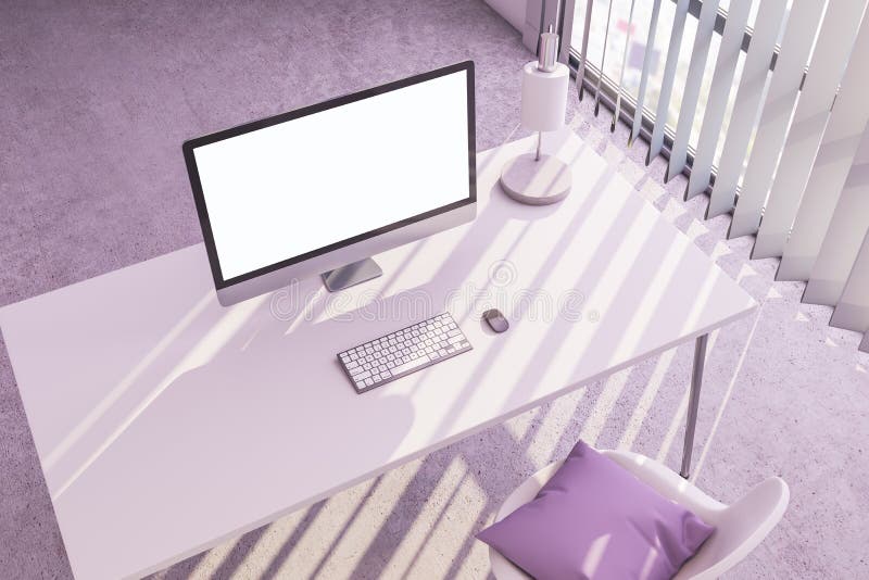 Top View of Pink Office Workplace with Blank White Computer Screen and ...