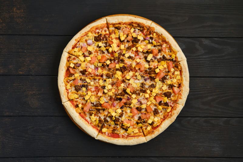 Top View of Pizza with Minced Meat, Tomato, Onion and Cheddar Stock ...