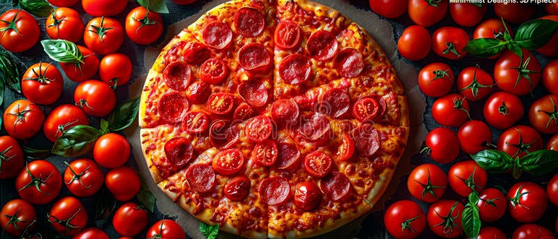 Top View Pizza Pepperoni and Cheery Tomatoes, Pizza Stone, Visual and ...