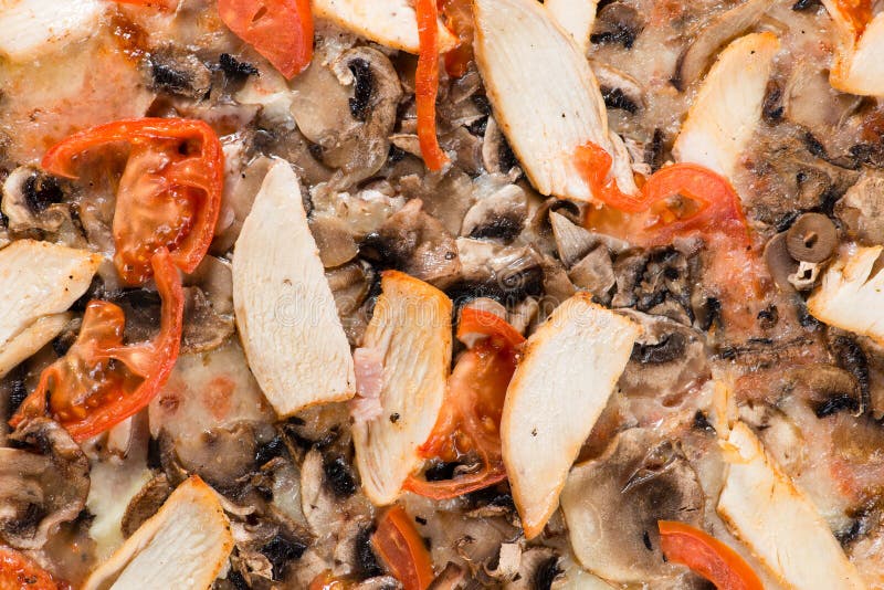 Top View Pizza Texture with Tomato and Chicken Stock Photo - Image of ...