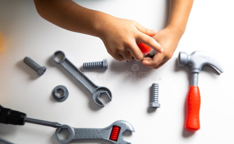 Mechanic Tools Toy on Wood Background. Top View. Plastic Mechanic ...
