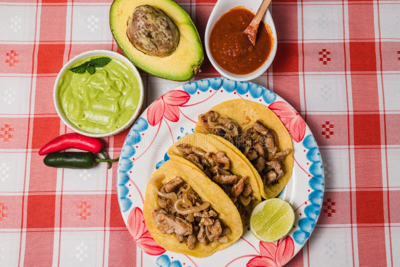 Top View of a Plate of Beef Steak Tacos Next To Dips and Avocado, on a ...