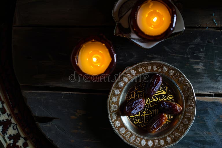 Top View of a Plate with Dates and Arabic Script, Lit by Candlelight ...