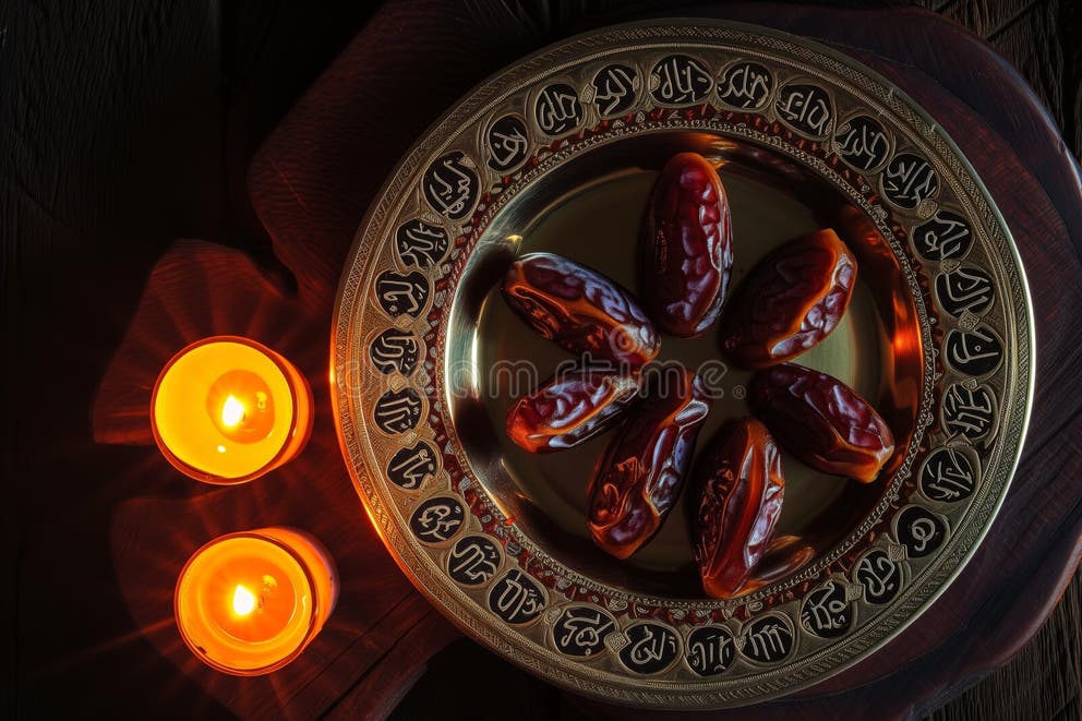 Top View of a Plate with Dates and Arabic Script, Lit by Candlelight ...