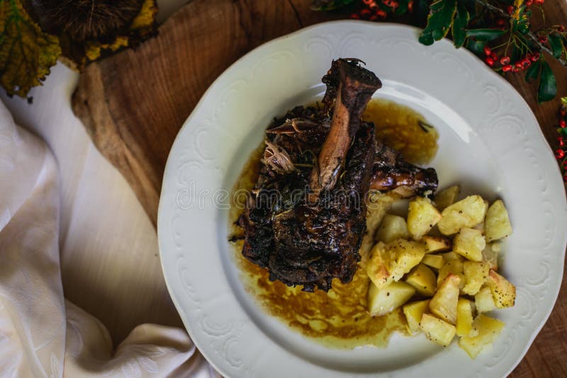 Top View of a Plate of a Hot Delicious Baked Rack of Lamb and Potatoes ...