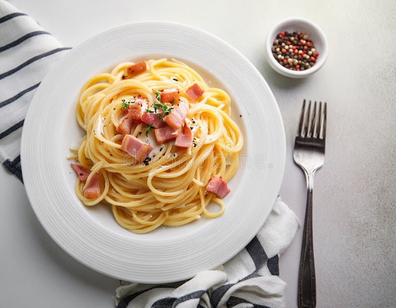 Top View Plate of Spaghetti Ham with Cabonara Cream Source with Fork ...