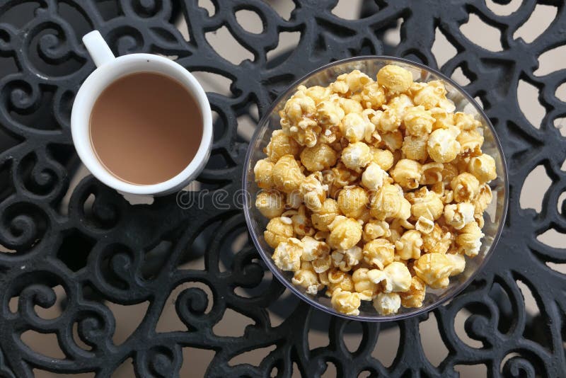 Top View of Popcorn and Tea on Table for Breakfast Stock Image - Image ...