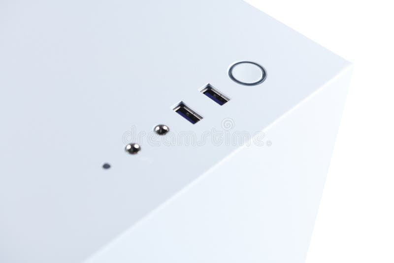 Top View of the Power Button and USB Port of a White System Unit on a ...