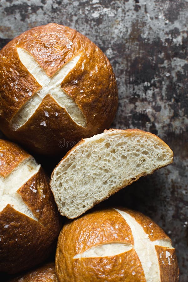 Top View Of Pretzel Buns On An Old Baking Sheet Stock Image Image Of Crusty Buns 267835837