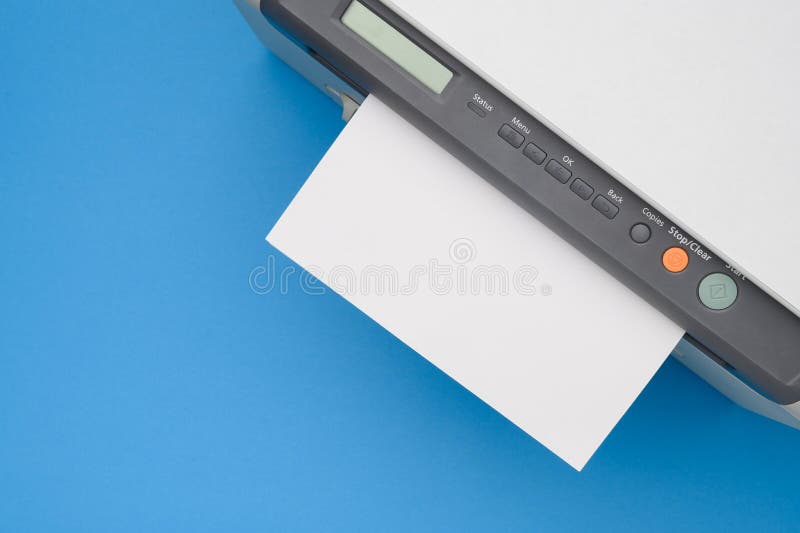 Top View of Printer and Blank A4 Paper on Blue Background.Multifunction ...