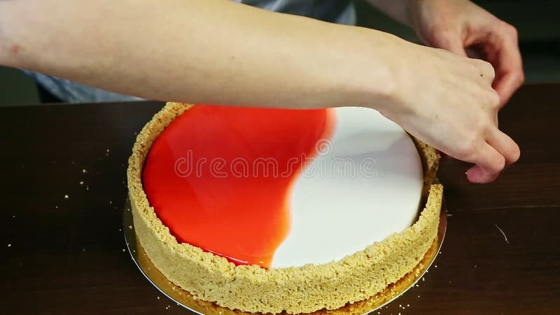 Top View on Process of Decorating Round Glazed Cheesecake by Shortbread ...