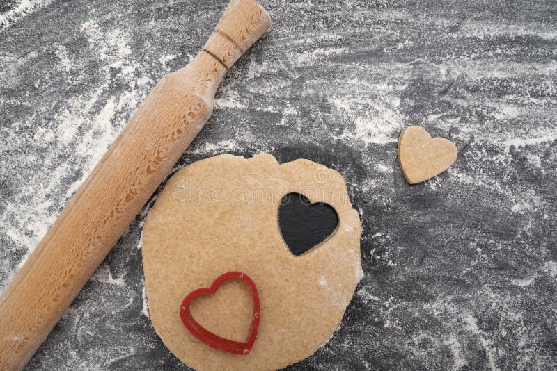 Top View Process of Making Shortbread Cookies. Wooden Rolling Pin ...