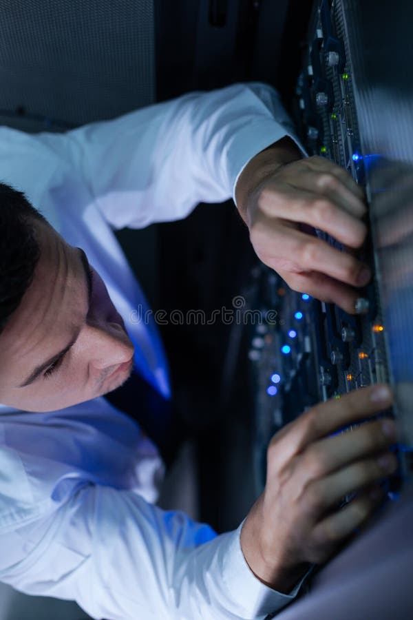 Top View of a Professional Engineer Fixing the Network Server Stock ...