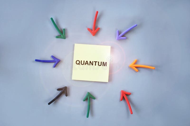 Top View of Quantum Word on Yellow Sticky Note with Colorful Arrow on ...