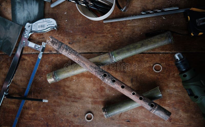 Top View of Flute Made in Bamboo on Workbench with Tools Around it ...