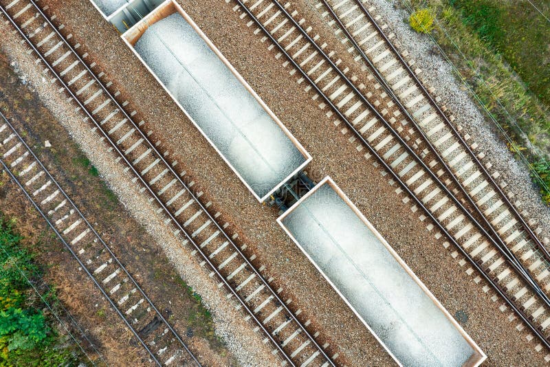 Top View of Railway Tracks with Wagons with Stone on Summer Day Stock ...