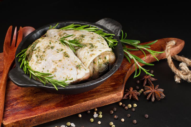 Chicken Half-cooked Thighs. Top of View. Raw Chicken Marinated.Copy ...