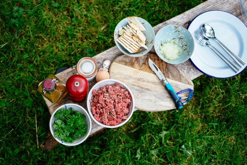 Top View of Raw Ingredients in a Garden for Making Burgers from Scratch ...