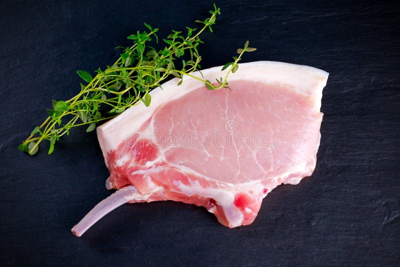 Top View Raw Pork Cutlet Close Up. on Stone Background Stock Image ...