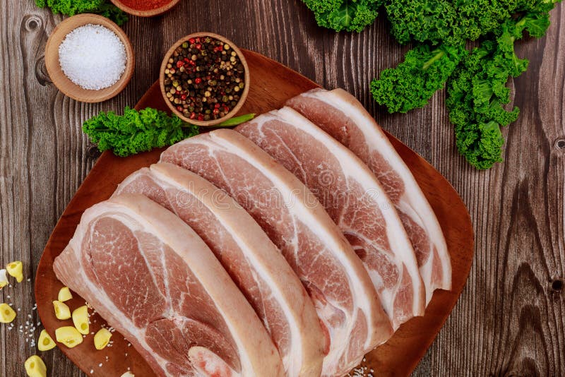 Top View Raw Pork Shoulder Sliced with Skin on Wooden Table Stock Image ...