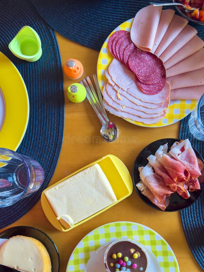 View of a Real Breakfast Table with Various Foods Stock Photo - Image ...
