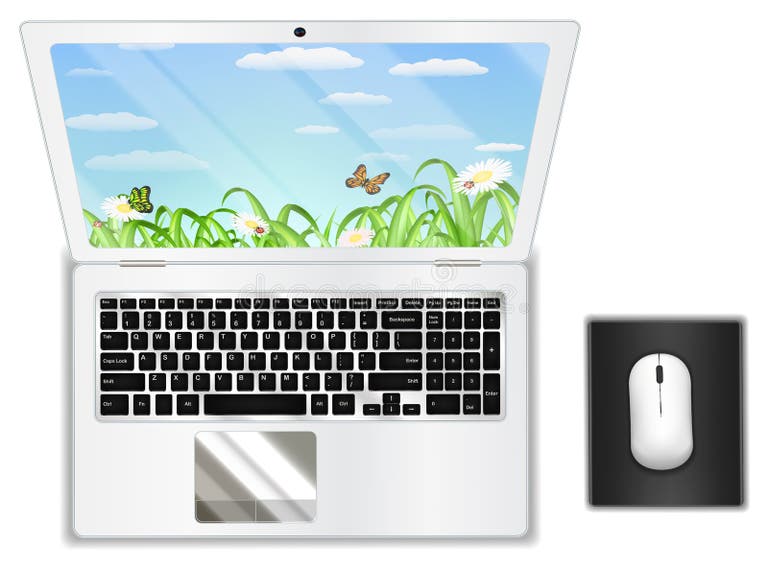 Top View Real White Laptop Computer with Mouse Stock Vector ...