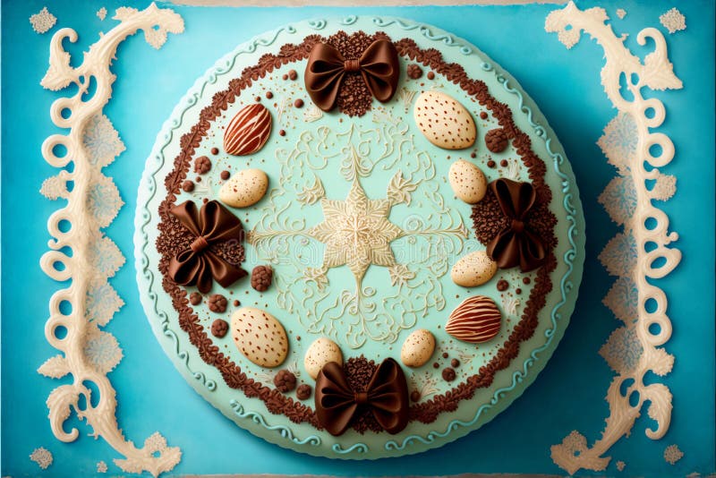 Top View of Realistic Cake with Beautiful Icing Blue Background. 3D ...