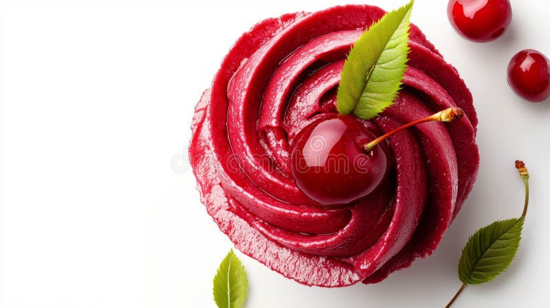 Top View of a Realistic Cherry Parfait with Fresh Leaf Garnish Stock ...