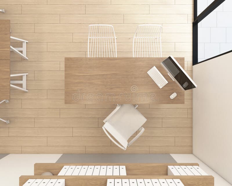 Top View of Reception Room with Wood Desk and Wood Floor. 3d Rendering ...