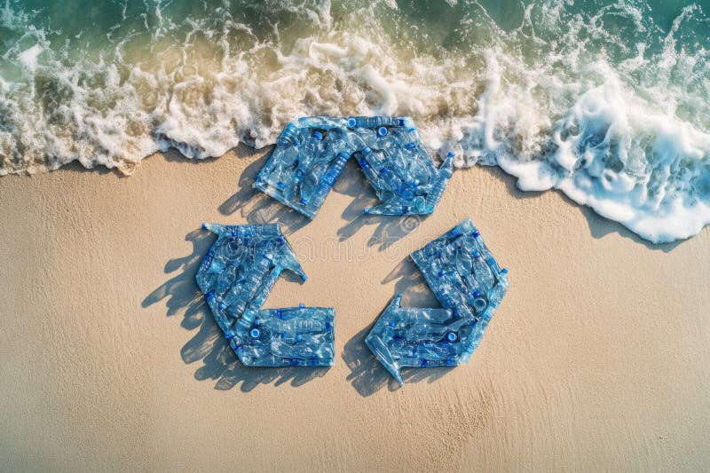 Top View of Recycle Symbol Made of Plastic Bottles on Sandy Beach Stock ...