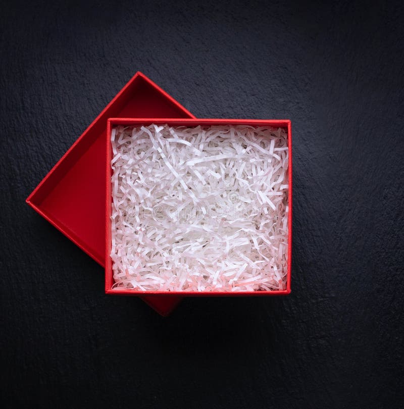 Top View of Red Box for Gift Filled with Decorative Shredded White ...