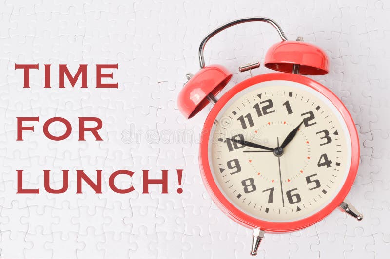 Top View of a Red Clock Isolated on a White Puzzle with "TIME for LUNCH ...