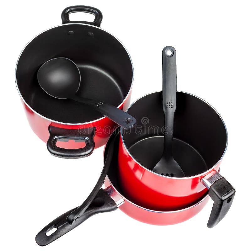 Top View of Red Cooking Pans and Pots Stock Image - Image of cookware ...